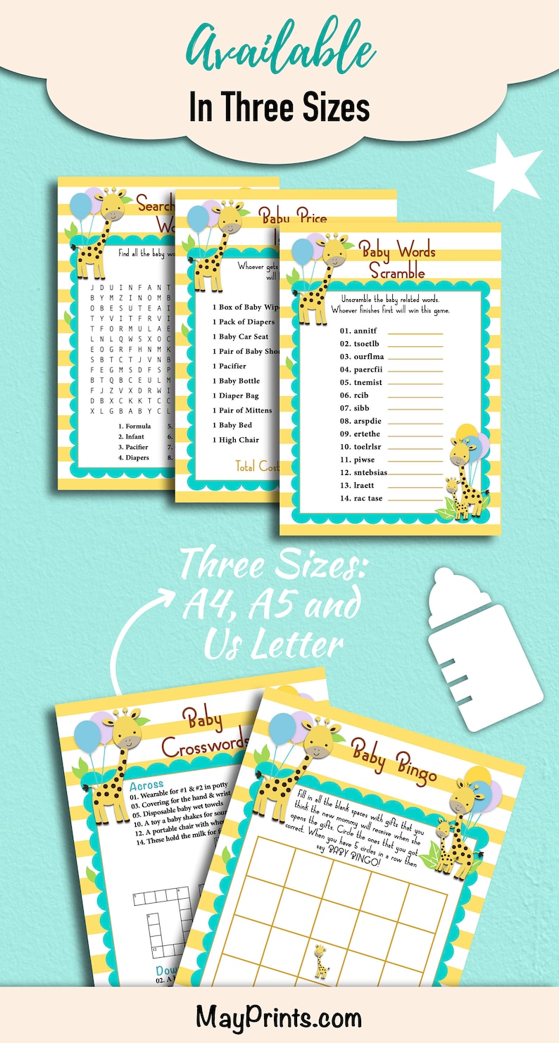 Giraffe Baby Shower Games Package, Unisex Giraffe Baby Shower Theme, 10 ...