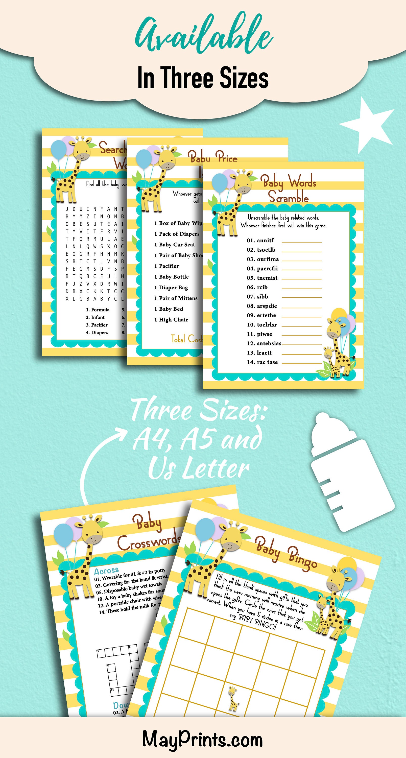Giraffe Baby Shower Games Package, Unisex Giraffe Baby Shower Theme, 10 ...
