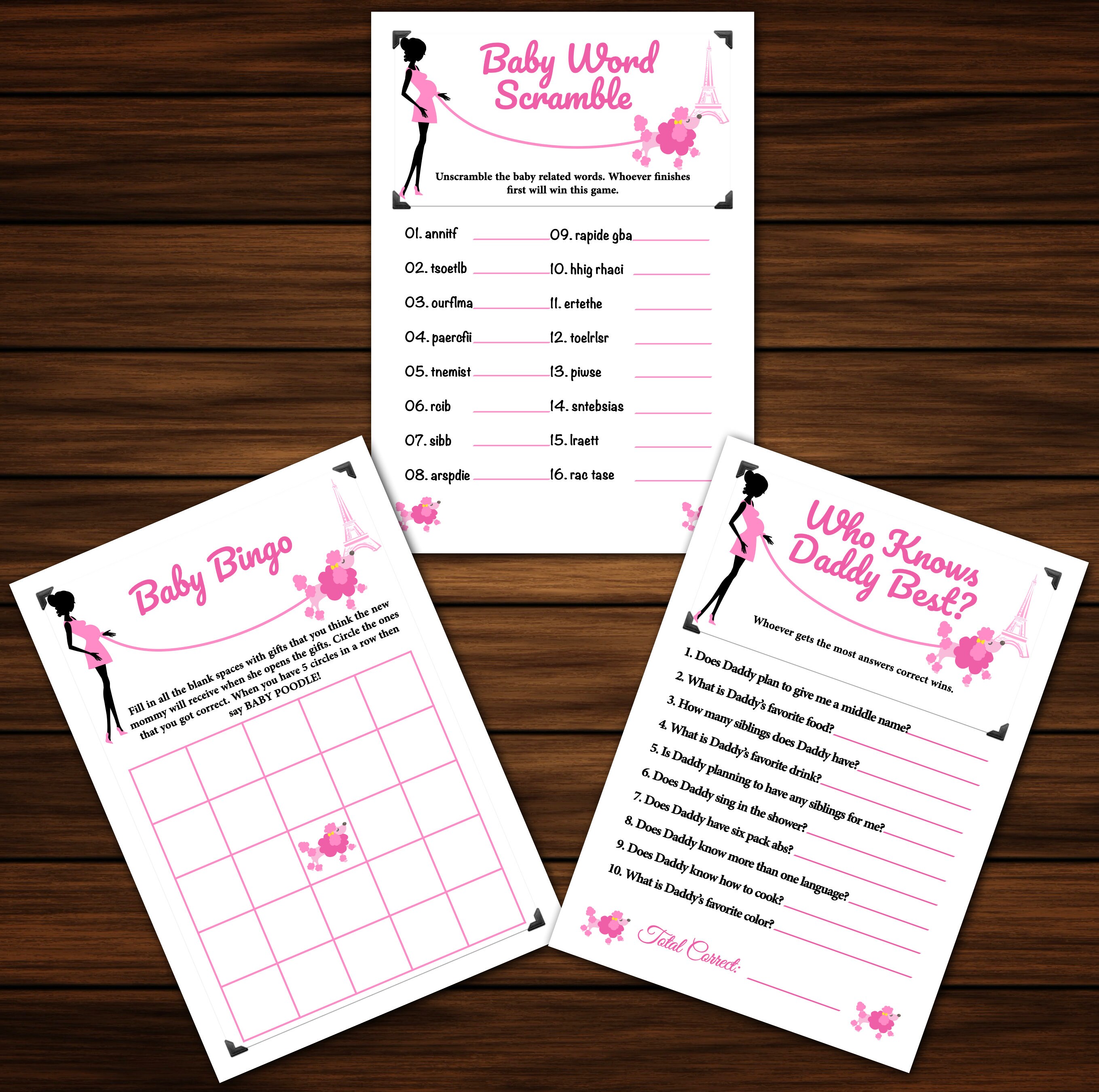 Paris Baby Shower Games Package, Poodle Baby Shower Game, Paris Theme ...
