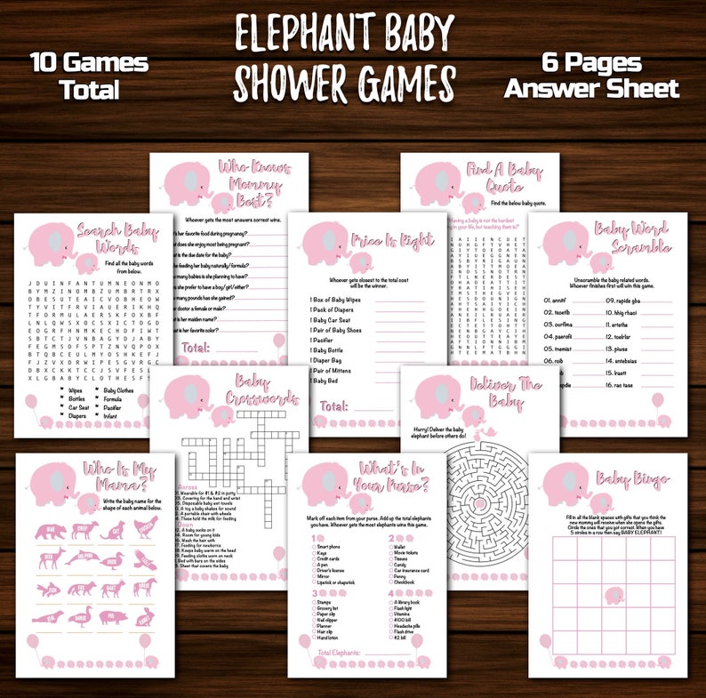 Pink Elephant Baby Shower Games, Pink and Grey Elephant Game Package ...