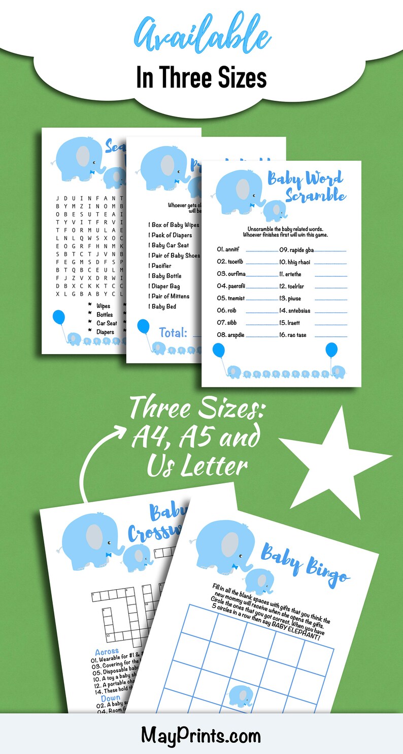 Blue Elephant Baby Shower Games Package Set, Elephant Themed Baby ...