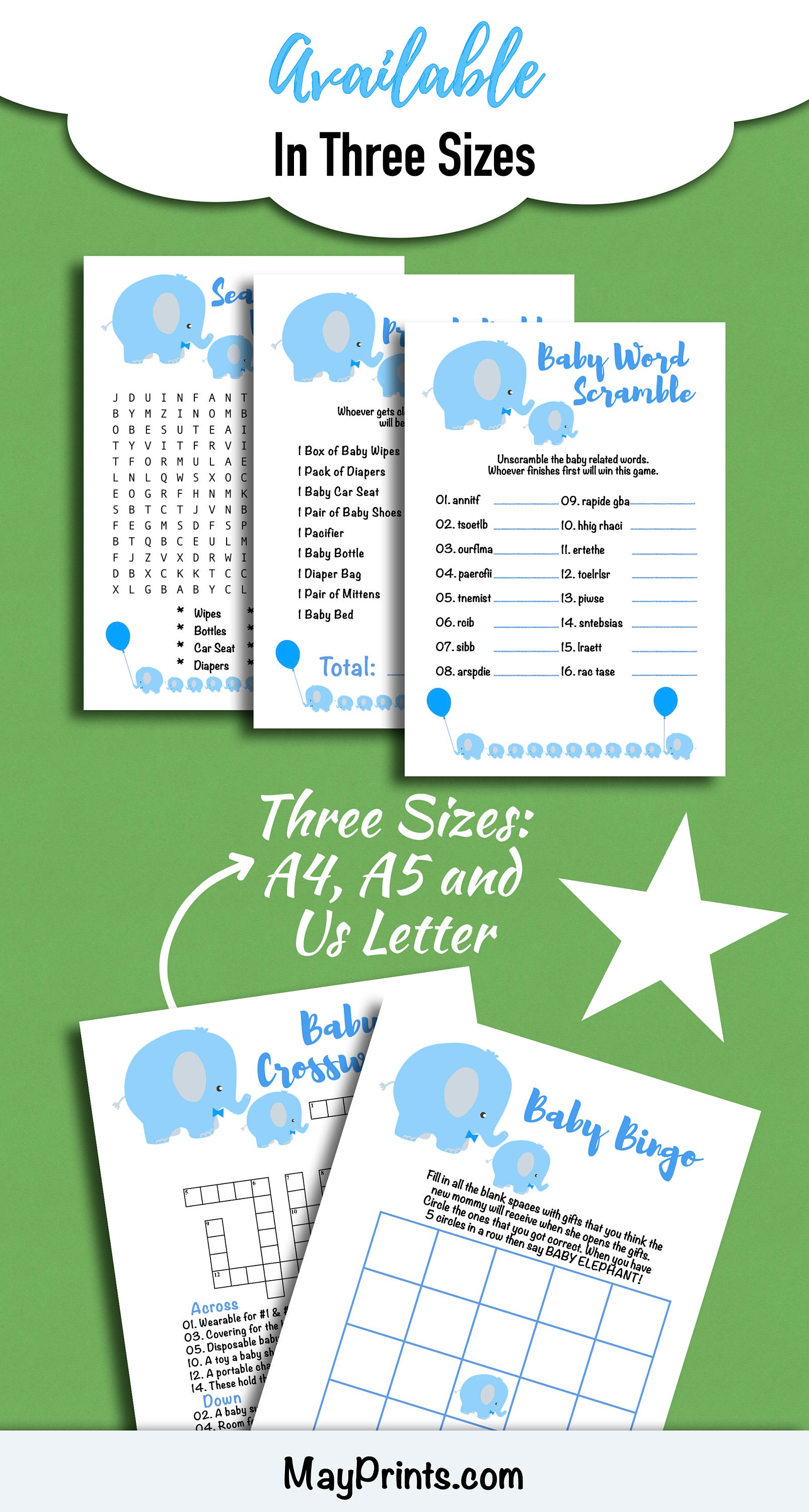 Blue Elephant Baby Shower Games Package Set, Elephant Themed Baby ...