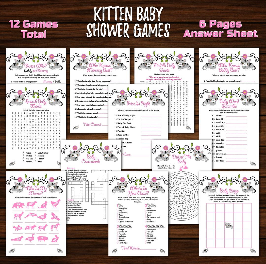 Cat or Kitten Baby Shower Games Package Set, Baby Shower Game Bundle ...