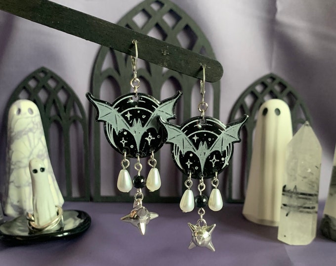 Bat, Pearl and Flail Gothic Spike Moon Steel Drop Hoop Goth Earrings - Etsy
