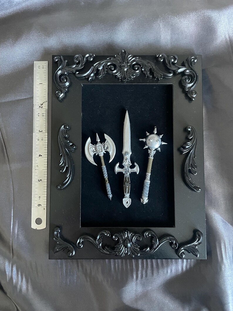Medieval Ornate Weapon Flail Axe and Sword Gothic Ornate Frame Wall ...