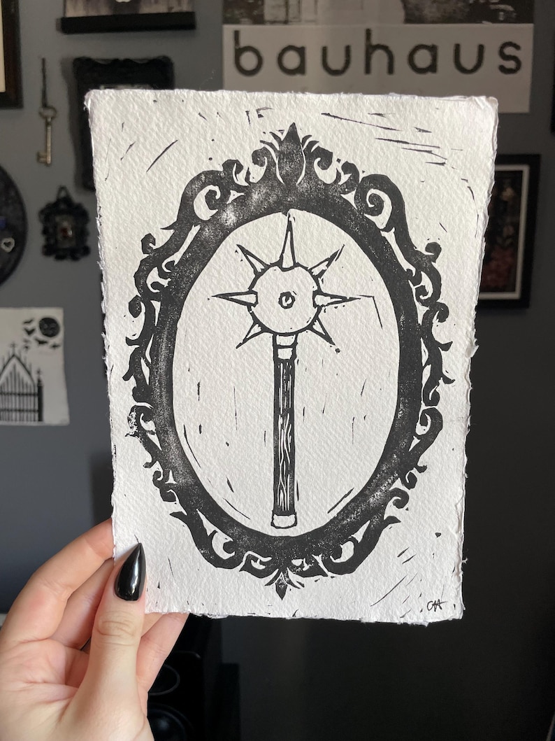 Medieval Mace Flail and Ornate Frame Gothic A5 Lino Print 148.5 X 210mm ...