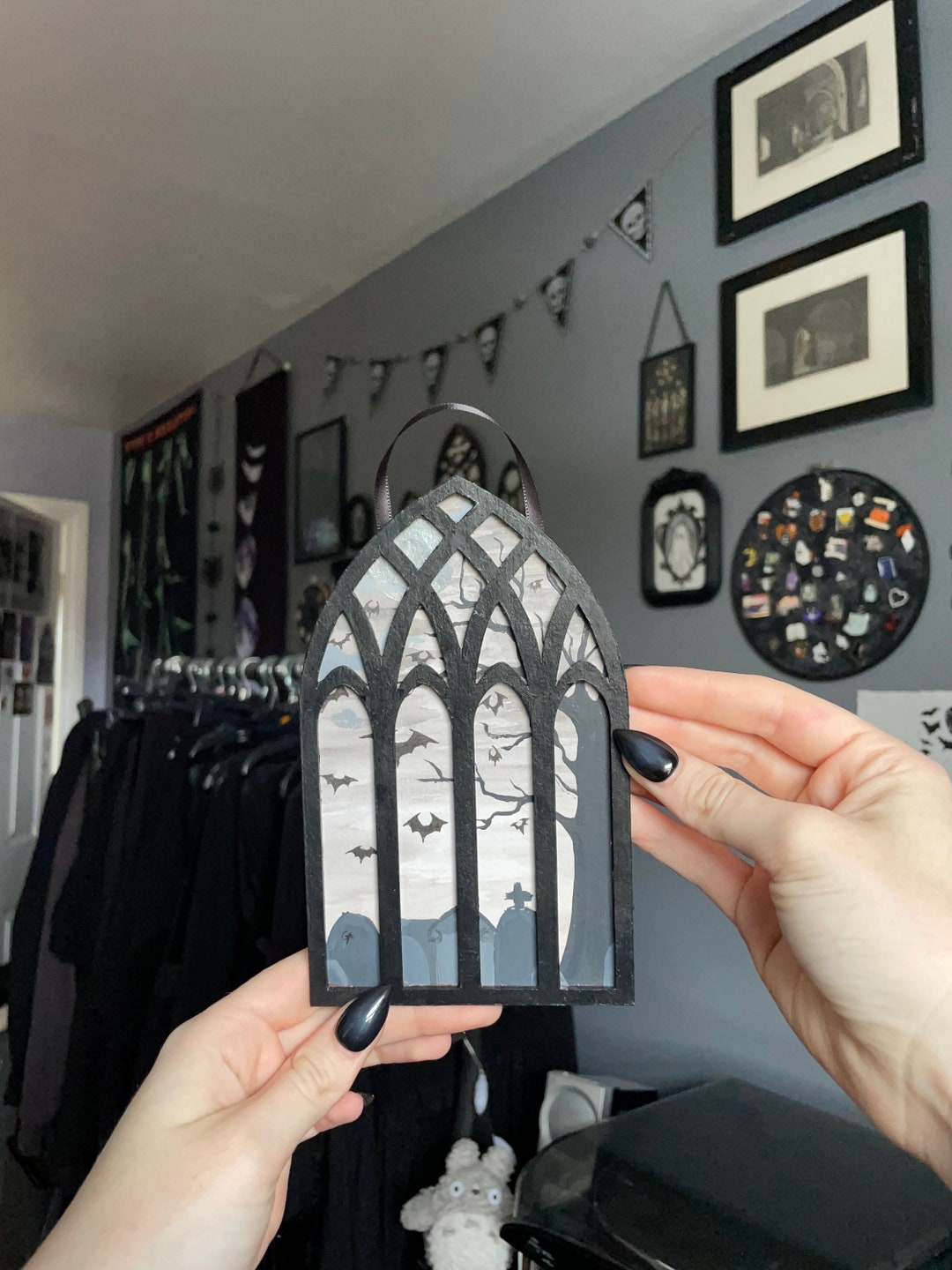 Gothic Cathedral Window Arch Graveyard Scene Handpainted Black Wood ...
