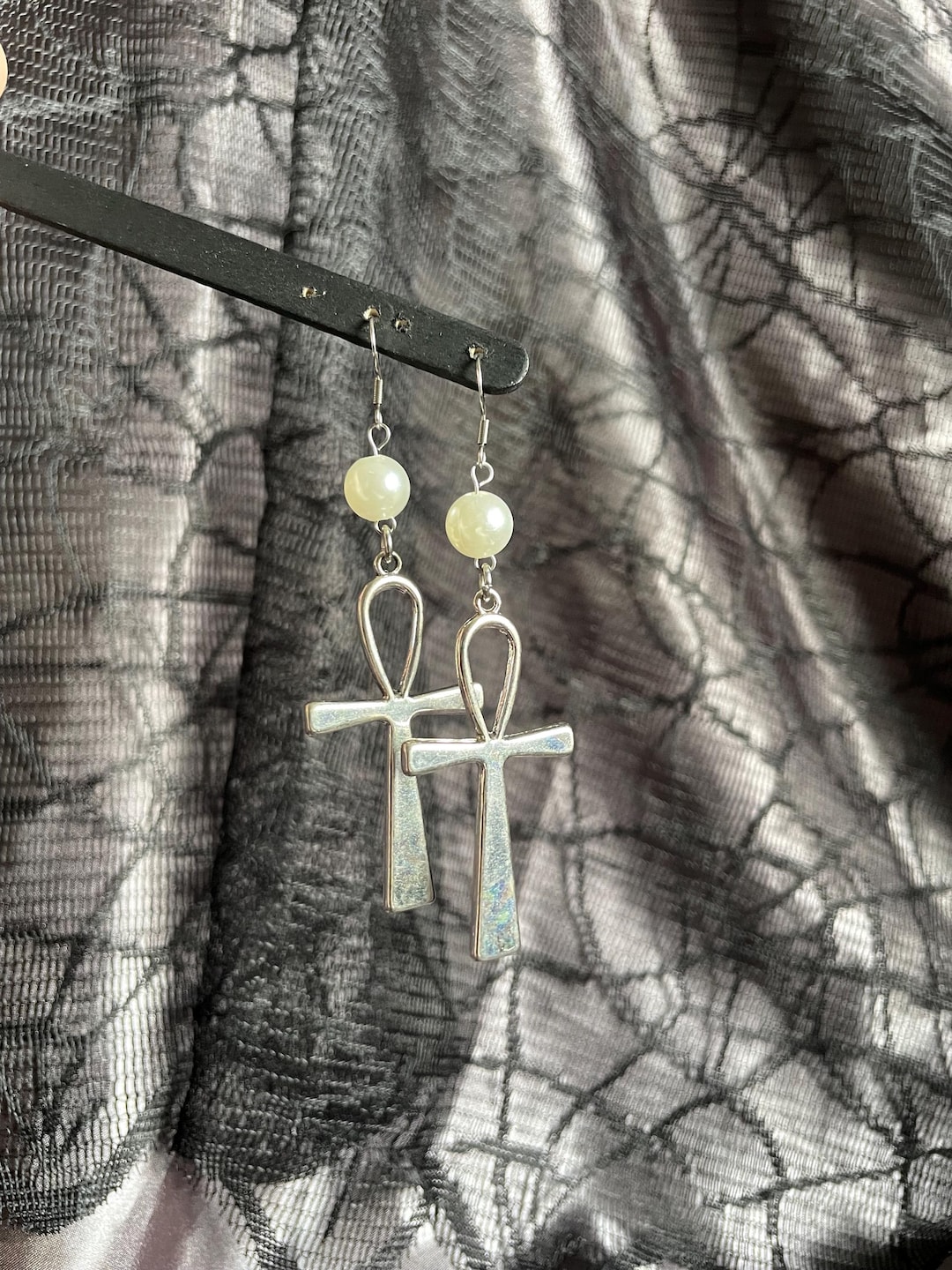 Gothic Trad Goth Ankh and Pearl Cross Steel Hook Drop Earrings - Etsy