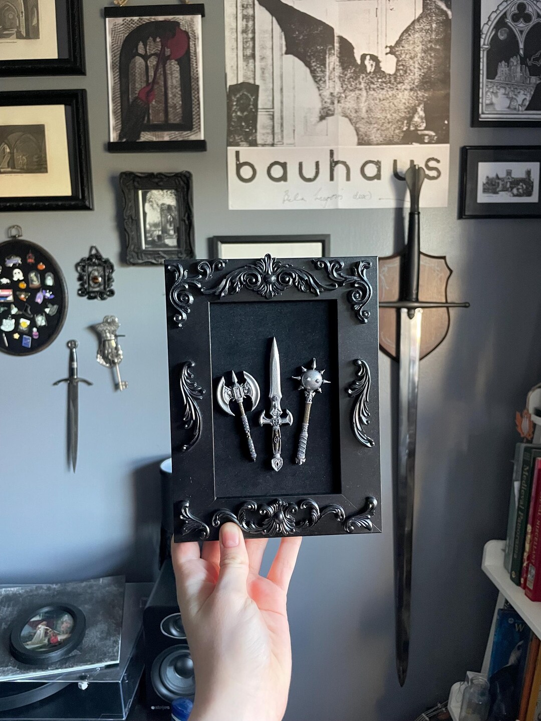 Medieval Ornate Weapon Flail Axe and Sword Gothic Ornate Frame Wall ...