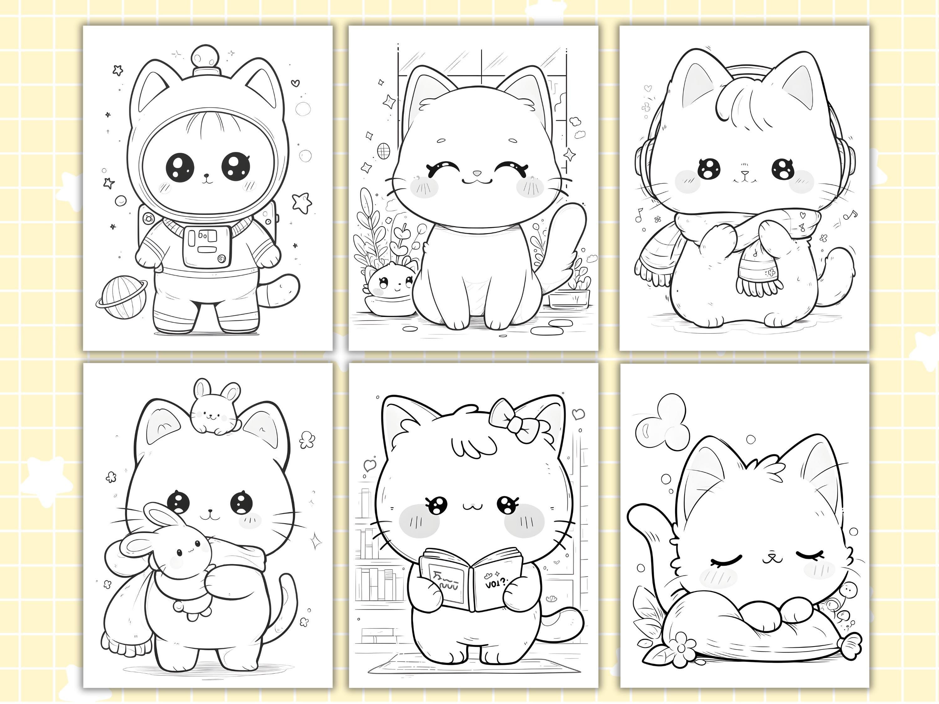 Kawaii Cat Coloring Pages | Cute Kitty Coloring Sheets | Adult Coloring ...