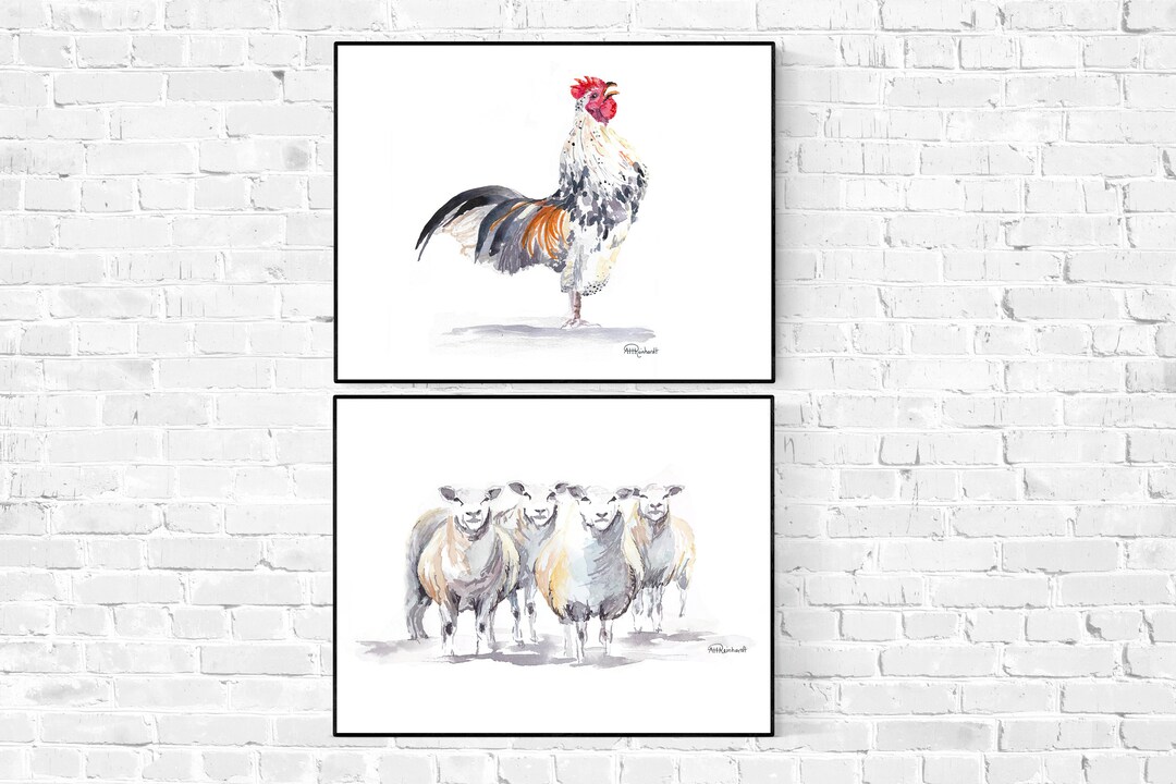 Watercolor Rooster and Sheep Prints Giclee Art Print Bedroom Decor 5am ...