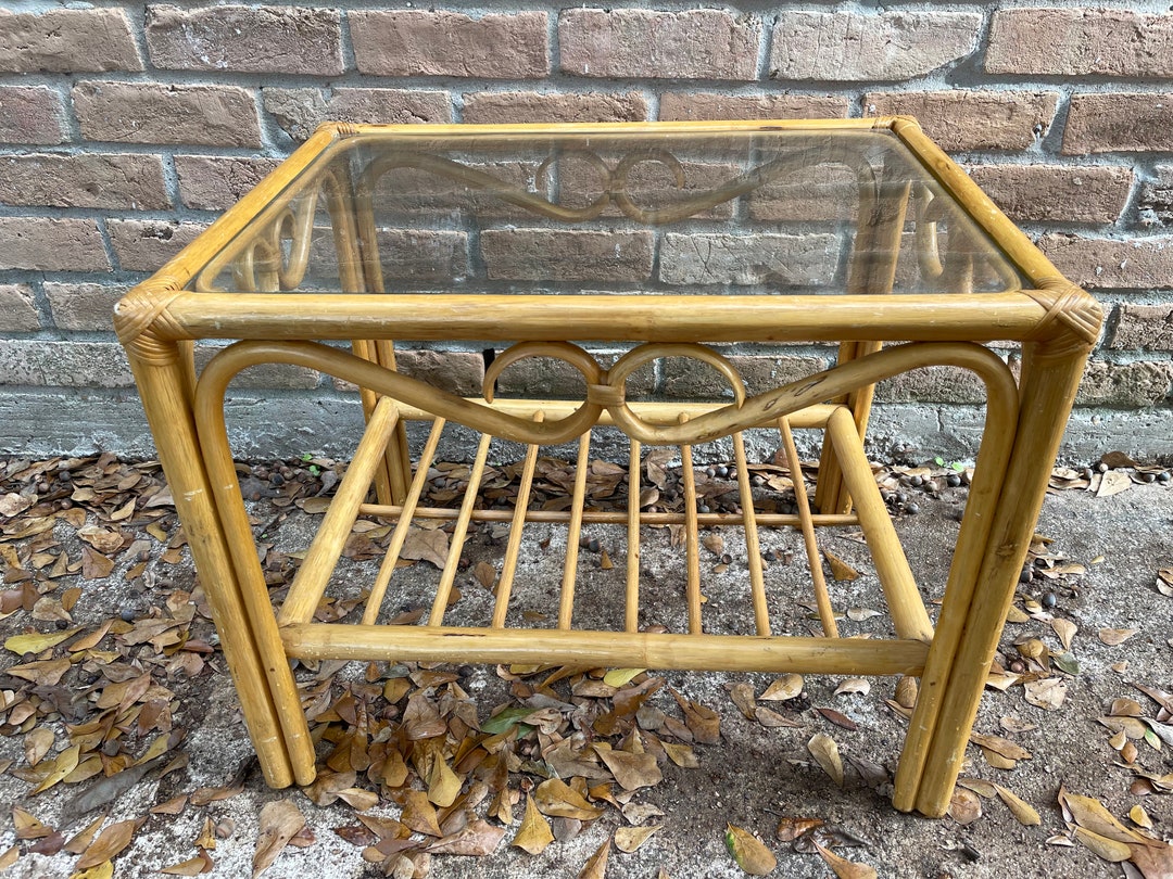 Rectangle Bamboo Side Table, Curved Supports, Glass Top, Mid Century ...