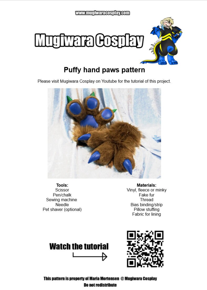 DIGITAL 3 Fingered Puffy Hand Paw Pattern for Fursuits - Claw Pattern ...