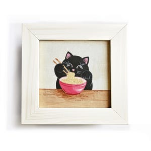 Black Cat Enjoying a Bowl of Noodles Mini Oil Painting Framed Art Funny ...