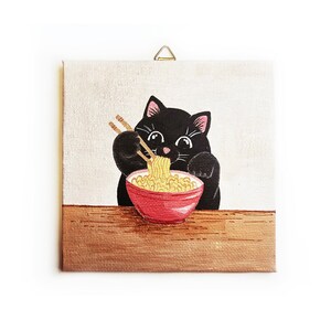Black Cat Enjoying a Bowl of Noodles Mini Oil Painting Framed Art Funny ...