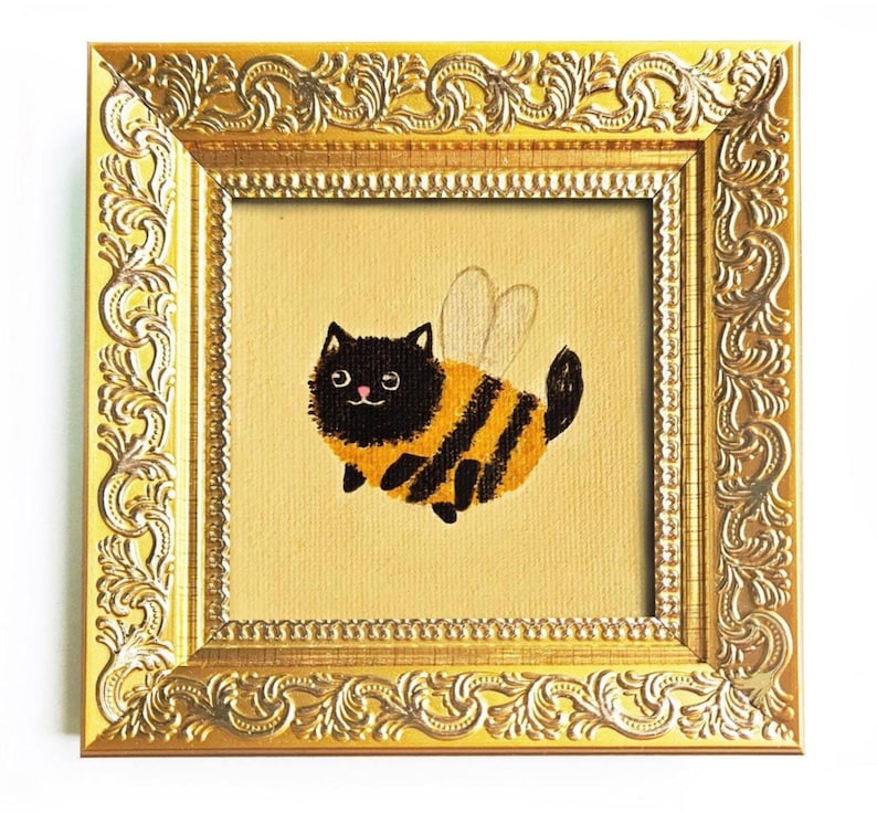 Miniature Black Cat Oil Painting: Bee Cat Art, Funny and Cute, Mini ...