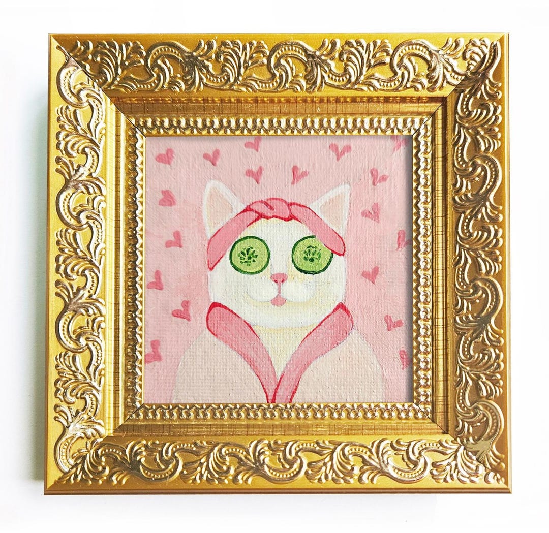 Miniature Cat Oil Painting: Сute Kitty, Mini Framed on Canvas, Girly ...