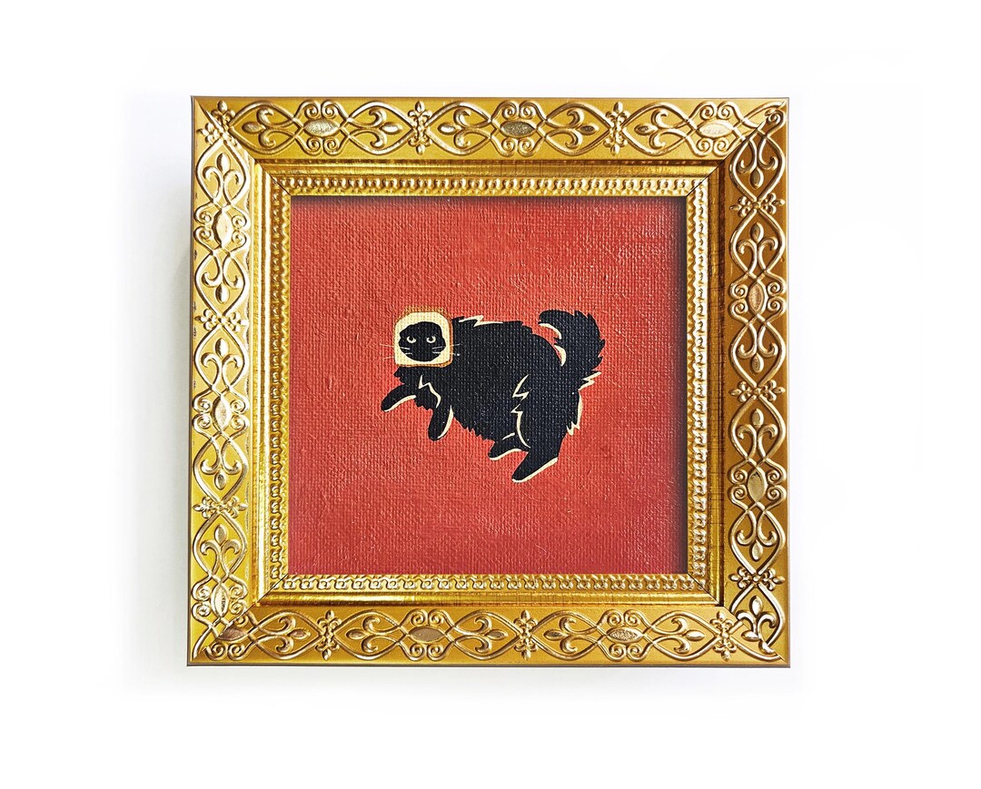 Funny Black Cat Oil Painting Meme: Bread Toast on Head, Quirky Framed ...
