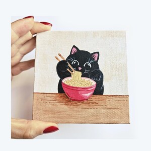 Black Cat Enjoying a Bowl of Noodles Mini Oil Painting Framed Art Funny ...