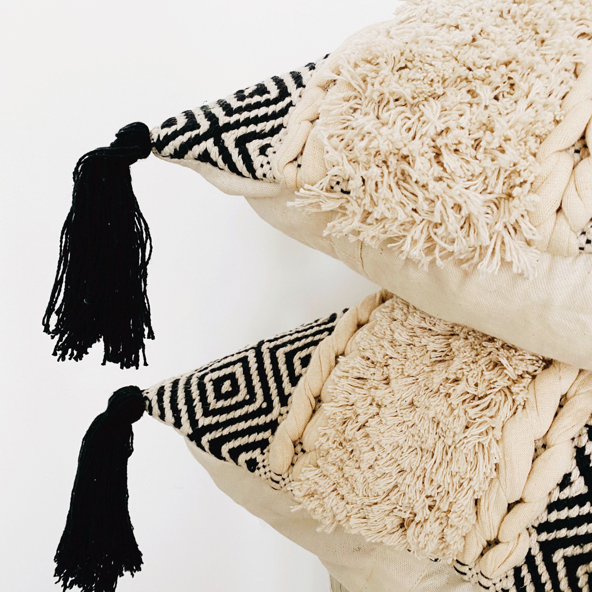 Boho Throw Pillow Cover, Bohemian Pillow With Tassels, Black & Cream ...