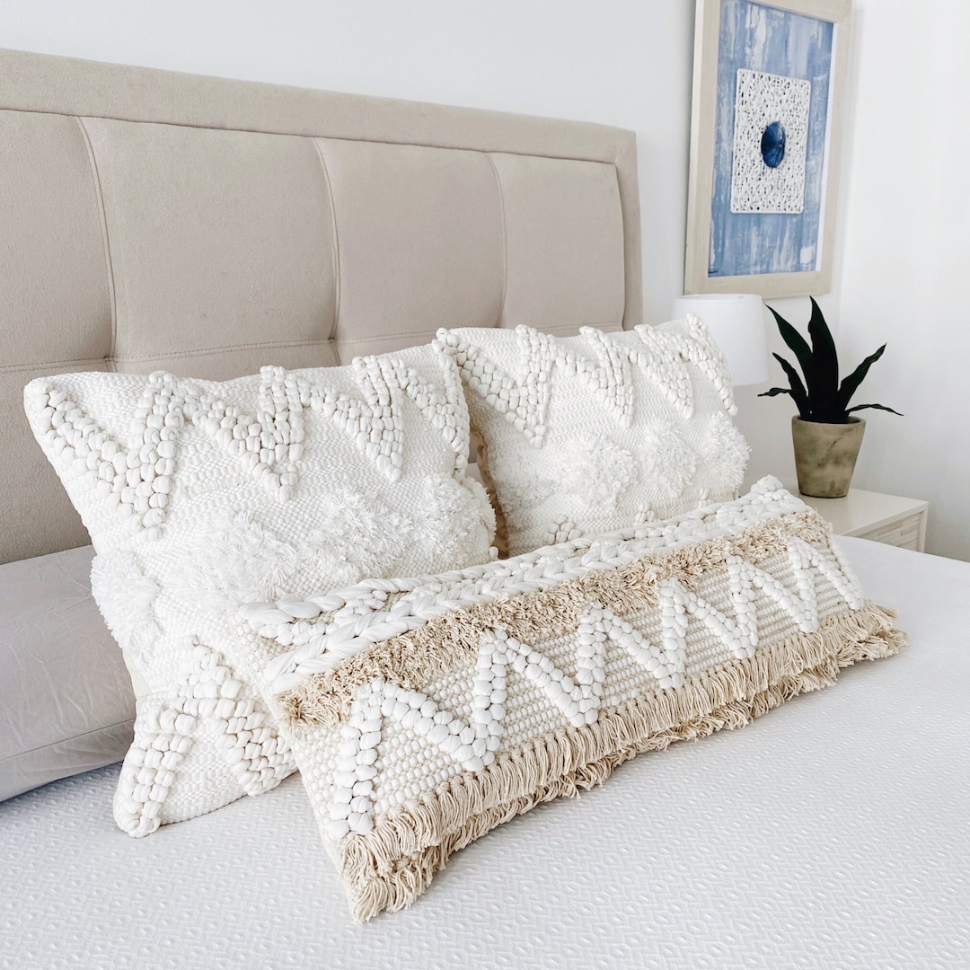 Euro Sham Set3 Pillows, Boho Throw Pillows Combo, White Neutral Bed ...