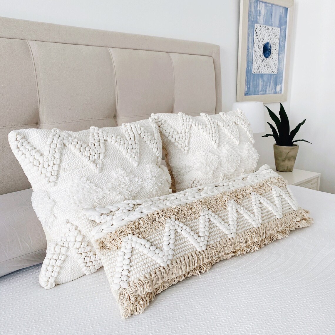 Euro Sham Set3 Pillows, Boho Throw Pillows Combo, White Neutral Bed ...