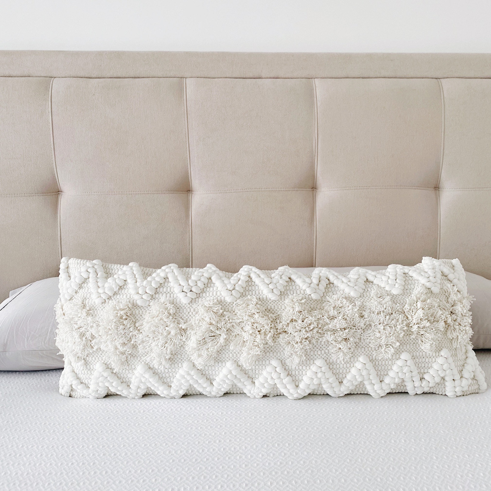 White Long Lumbar Pillow, Coastal Boho Pillow Cover, Handwoven Bohemian ...