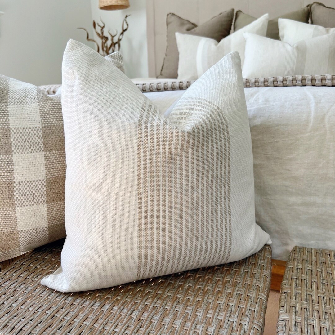Striped Linen Pillow Cover, Earthy Throw Pillow Cover, White Beige ...