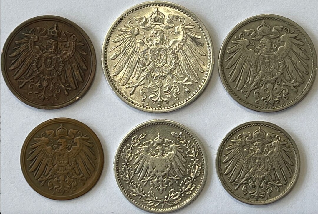 1900'th Century Kaiser Era German 6 Coin Set With 1 and 1/2 Mark Silver ...