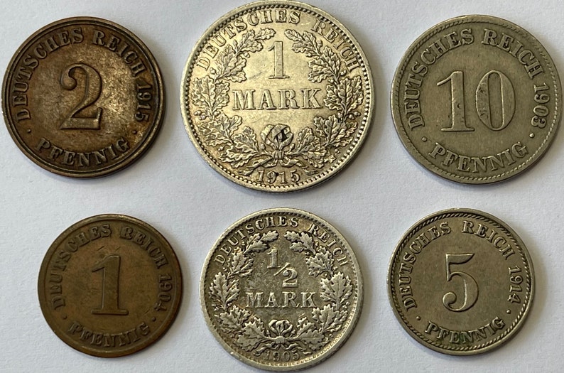 1900'th Century Kaiser Era German 6 Coin Set With 1 and 1/2 Mark Silver ...