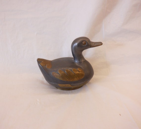 Pewter and Brass Duck Trinket Box - Gem