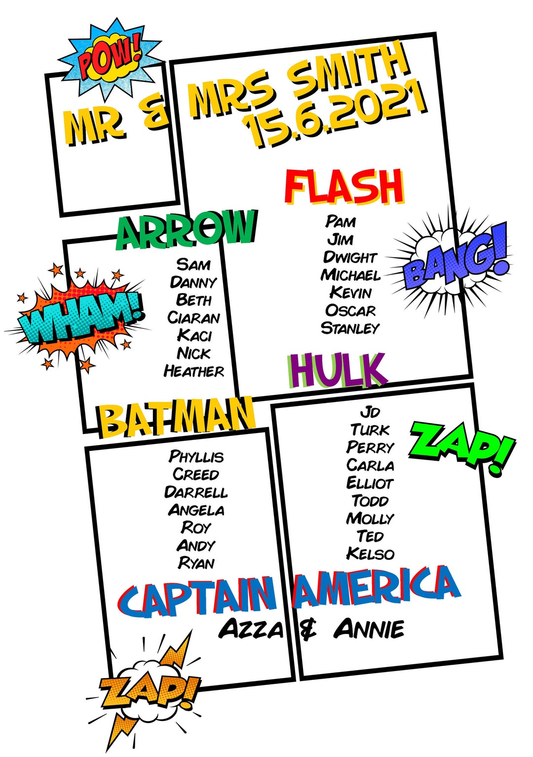 Comic Themed Wedding Table Plan Seating Chat Print Personalised ...