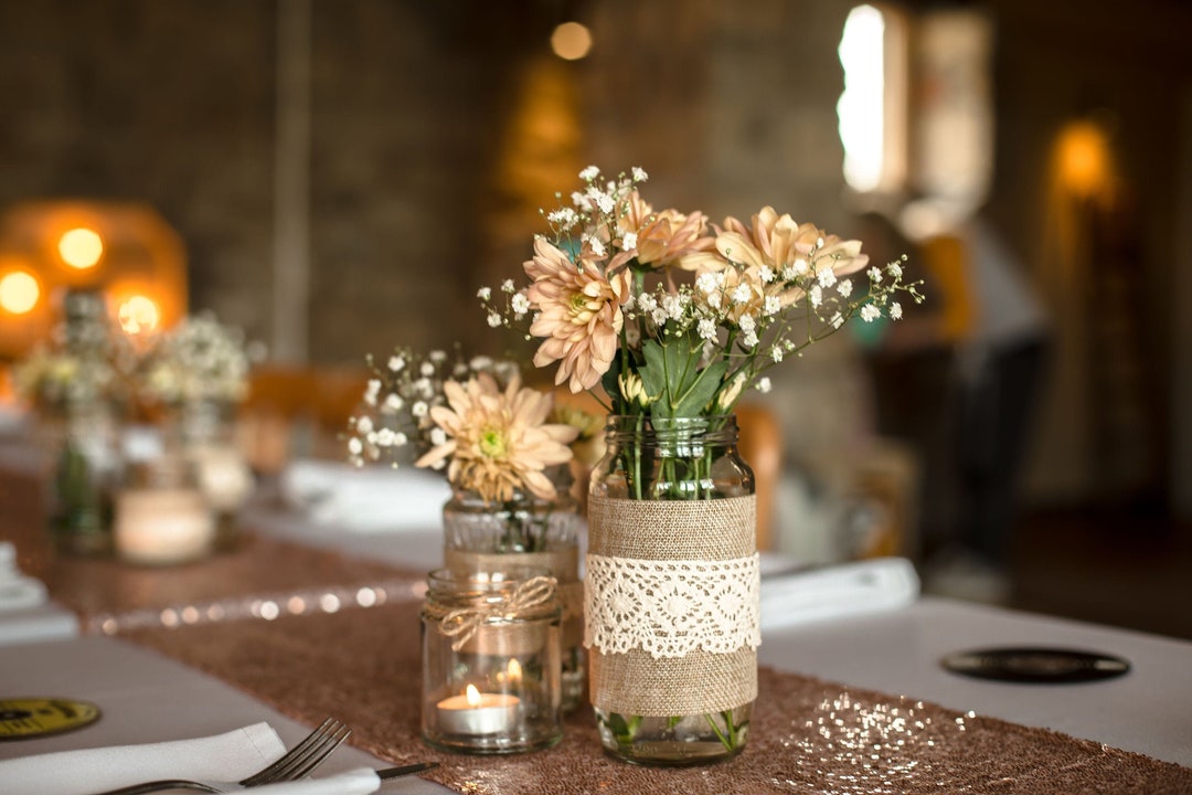 Hessian Wedding Jars, Rustic Burlap Lace Decor - Etsy UK