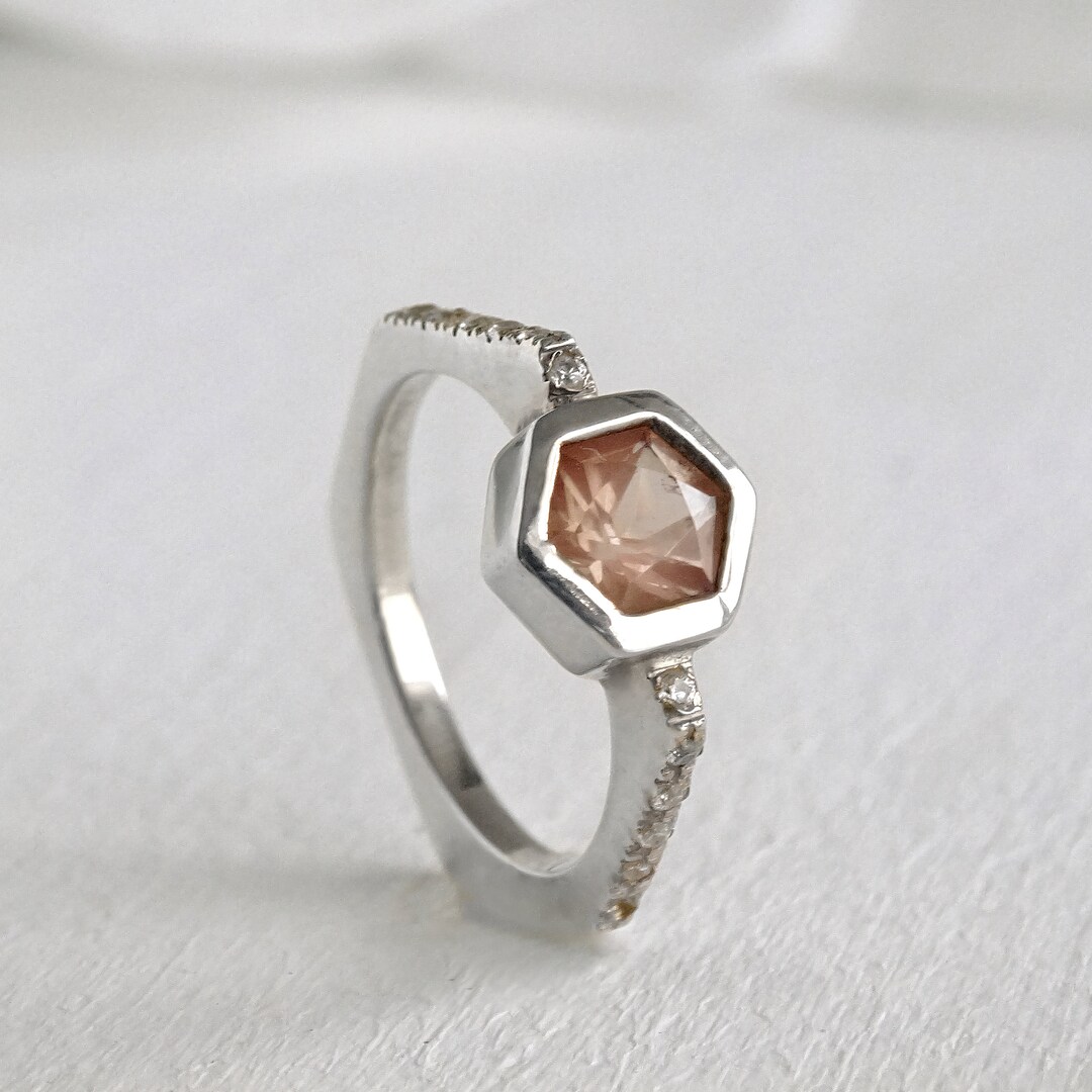 Hexagon Oregon Sunstone Engagement Ring With Moissanite's Half-band ...
