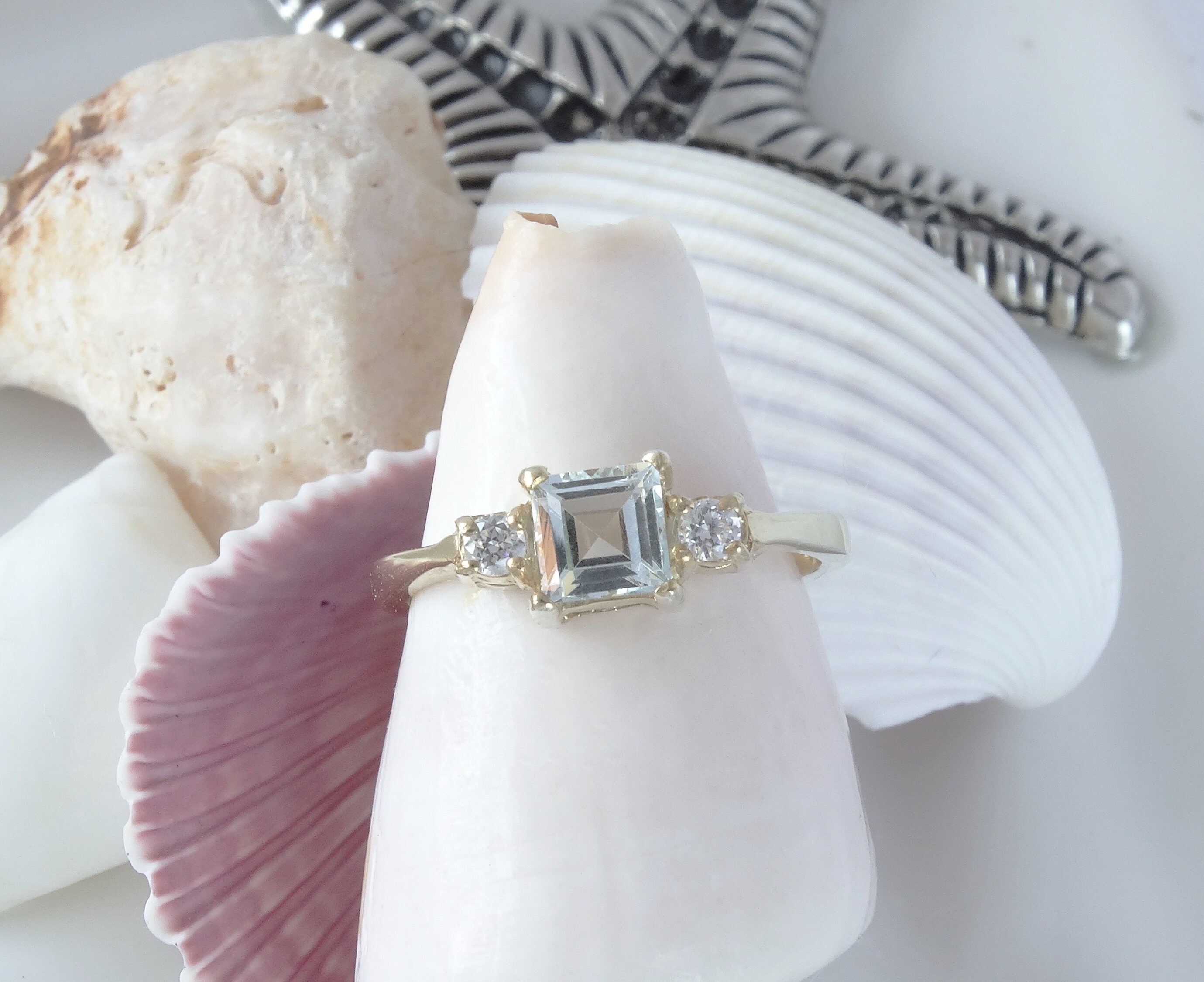 Aquamarine Princess Cut Moissanite Three Stone Engagement Ring Elegant ...