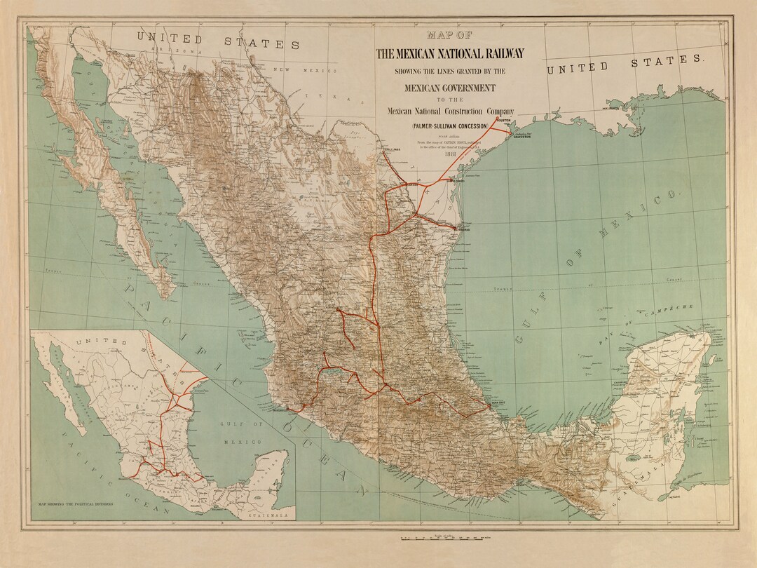 1881, Mexico Map, Mexican Map, Mexican National Railroad System. Print ...