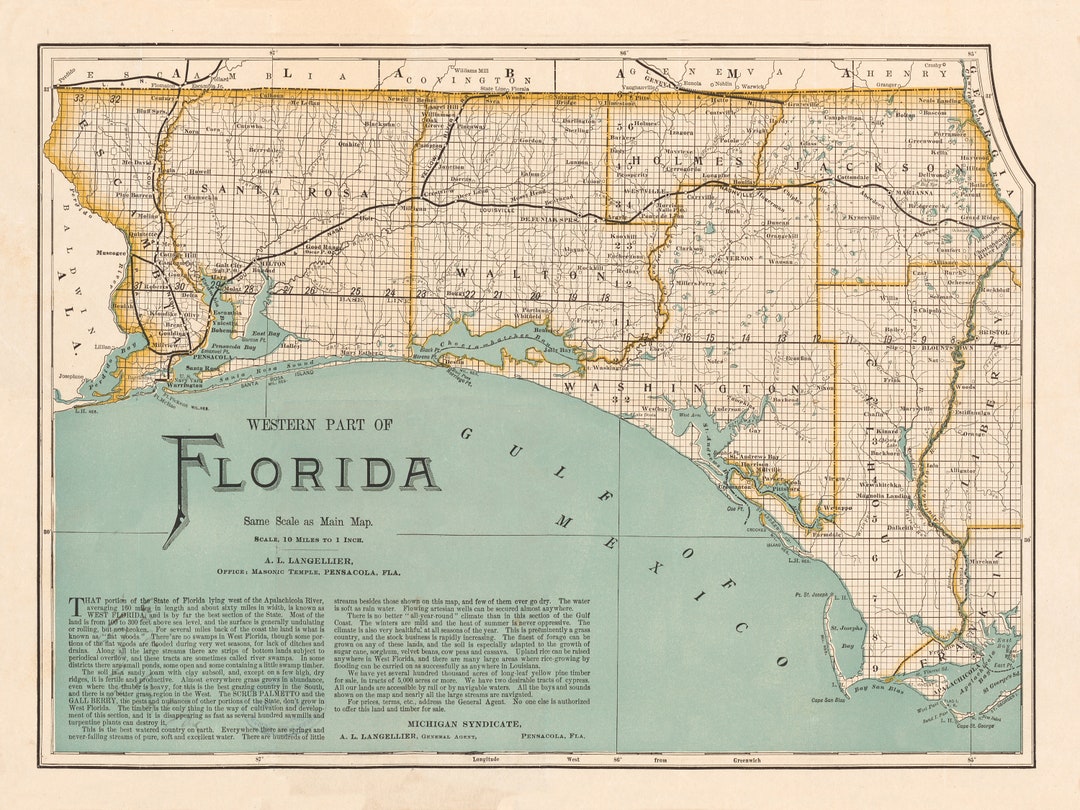 1890 Western Florida Map Print Produced From an Old, Vintage, Antique ...
