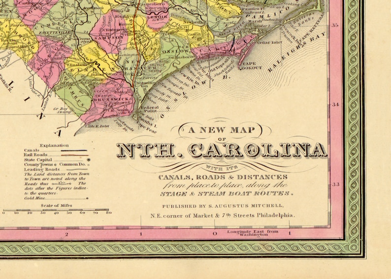1849 North Carolina Map Old NC Map Gold Region Produced | Etsy