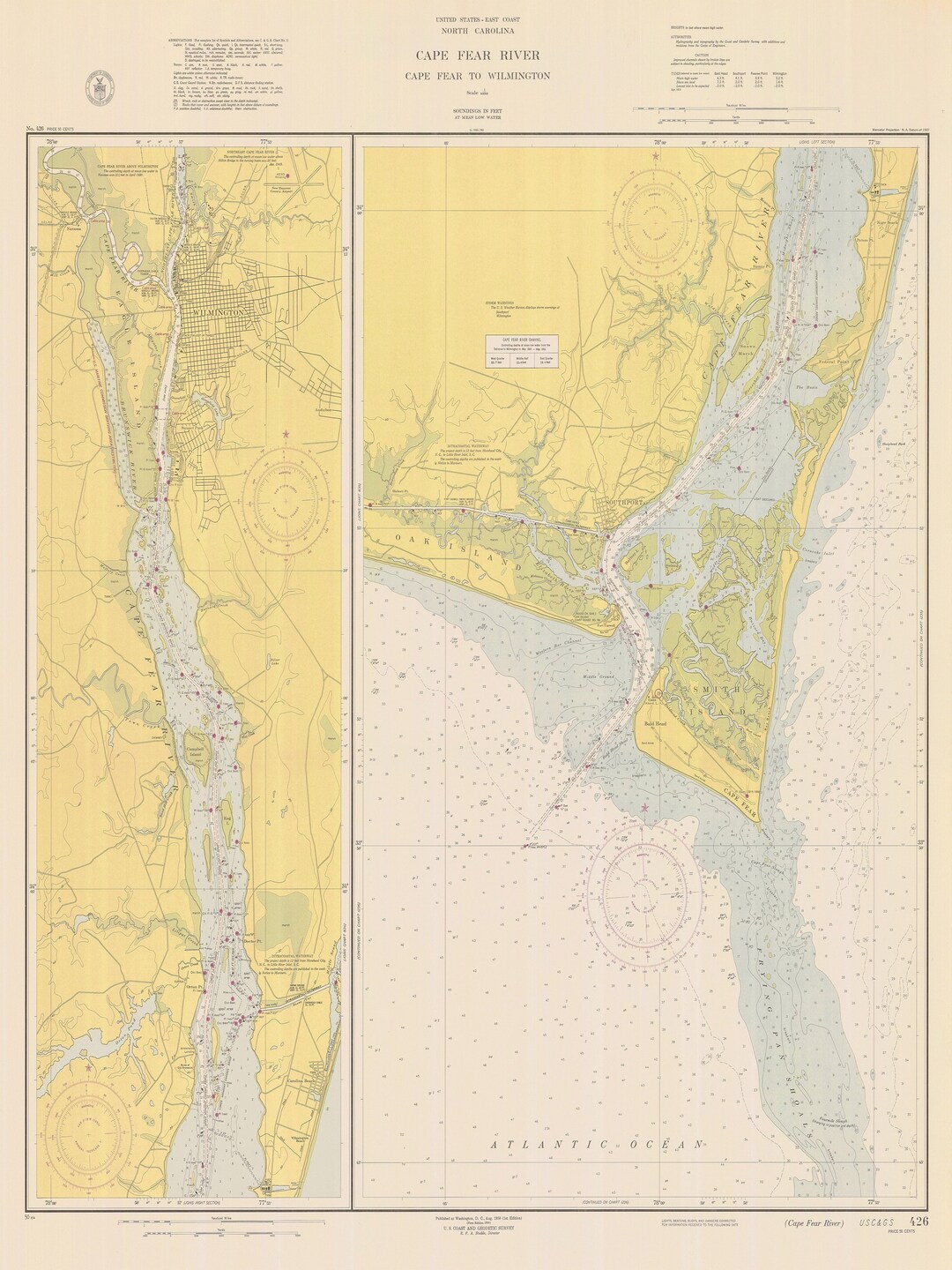 1950, Cape Fear Map, Wilmington Map, North Carolina Map, Print Produced ...