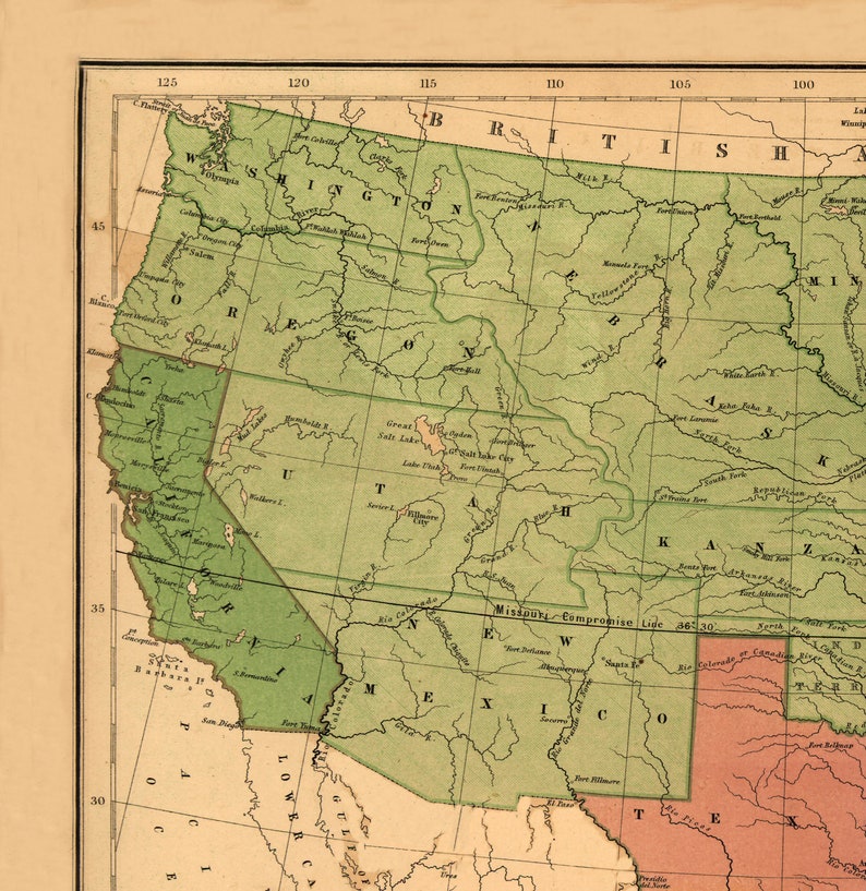 1857 United States Map, Antique Reproduction Print - Etsy