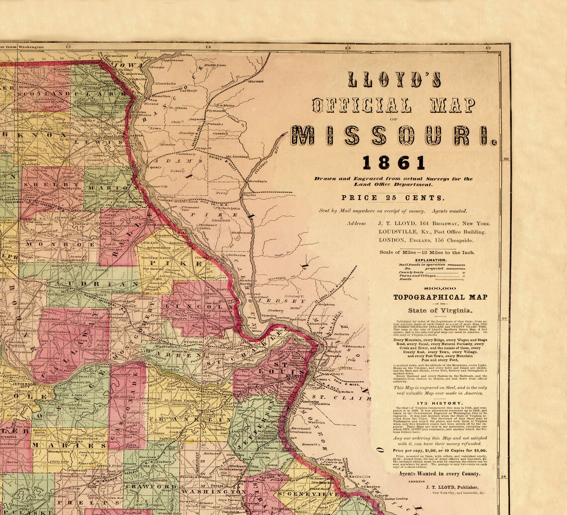 1861 Missouri Map Old Missouri Map Missouri Produced From | Etsy