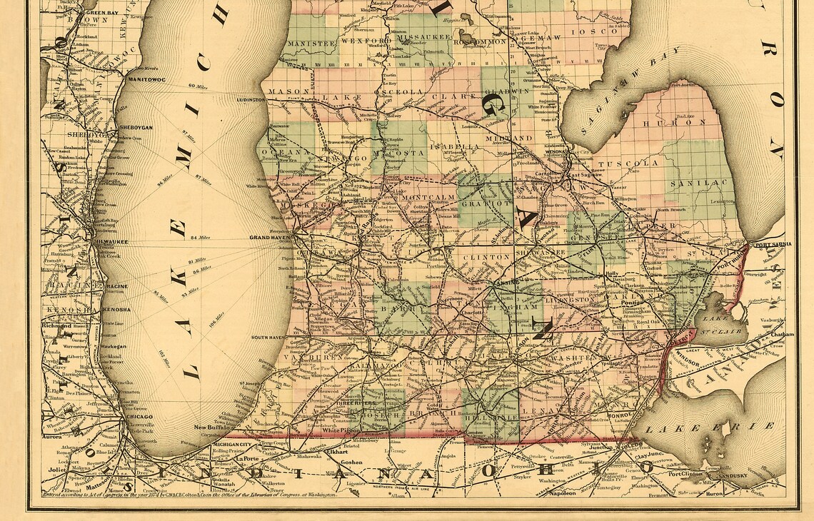 1876 Michigan Michigan Map Old Michigan Map Great Lakes | Etsy