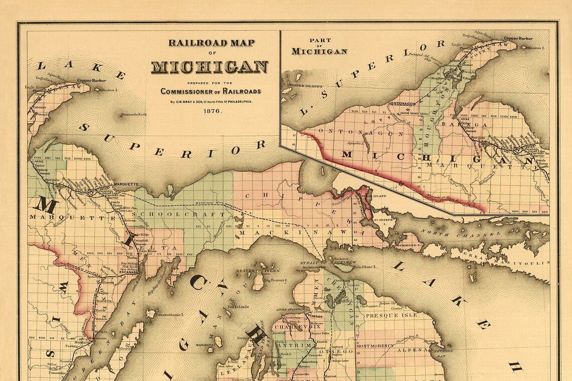 1876 Michigan Michigan Map Old Michigan Map Great Lakes | Etsy