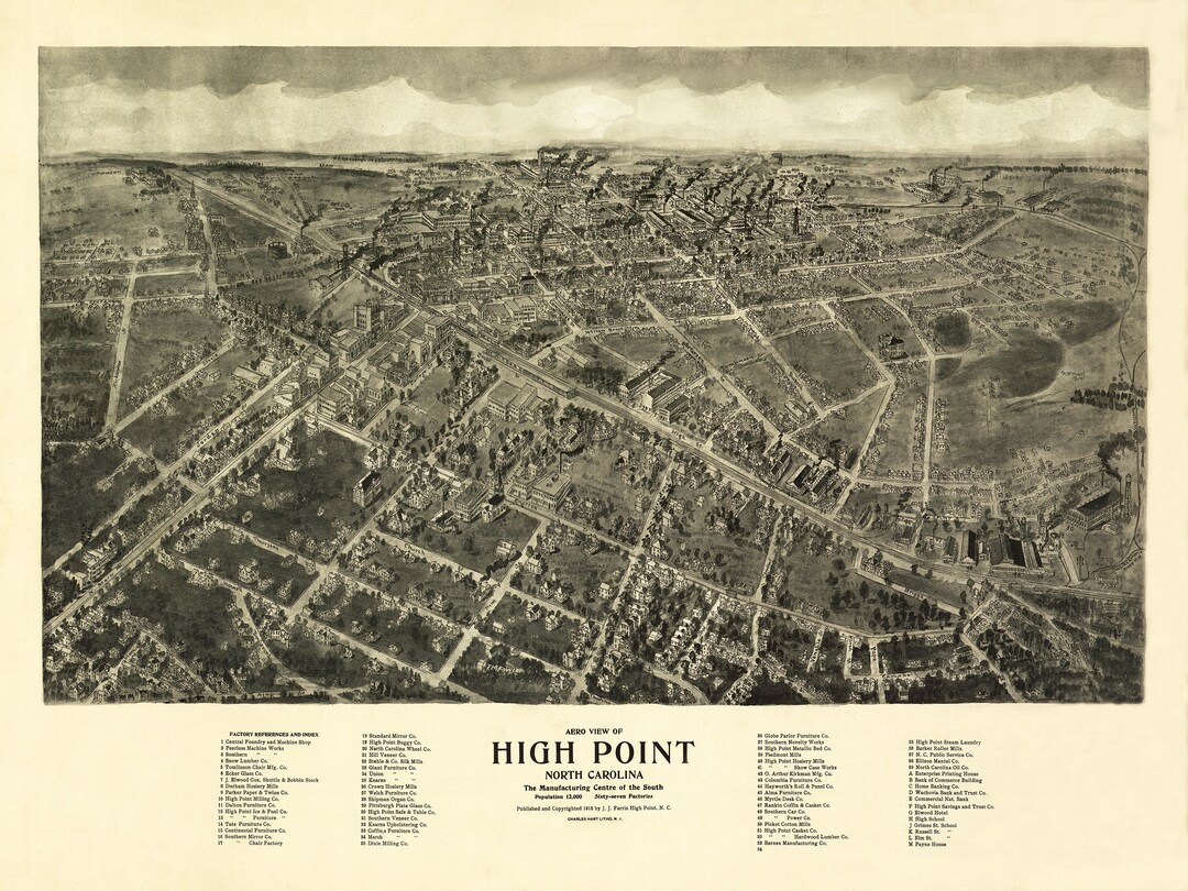 1918 Aerial Map View of High Point, North Carolina Map Print Produced ...