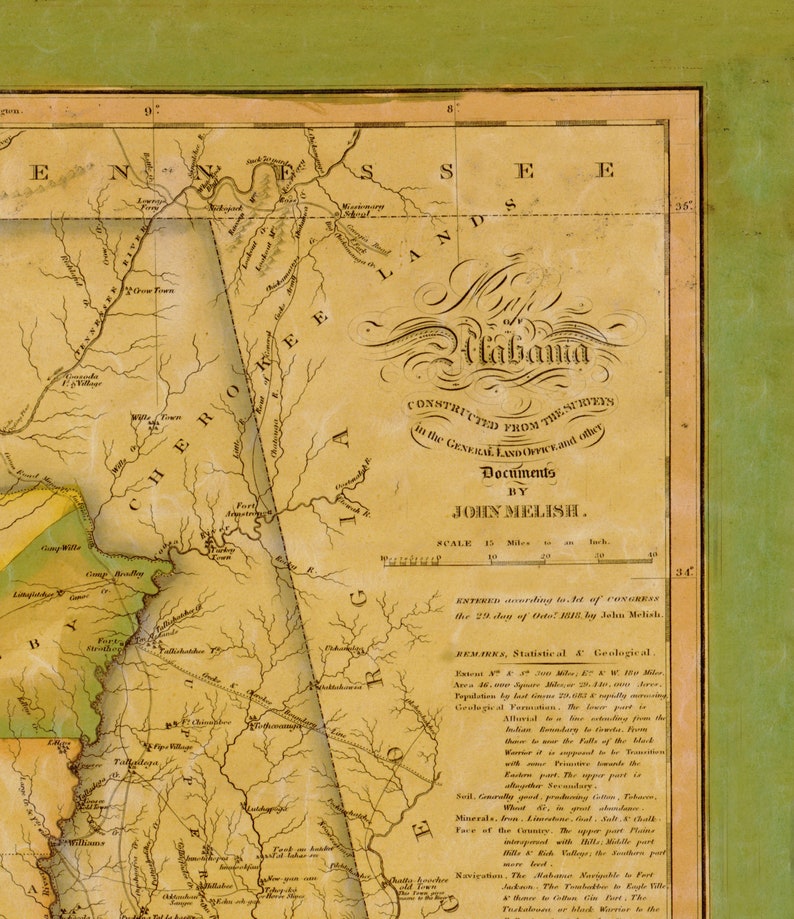 1820 Alabama Map Old Alabama Map Produced From an Old - Etsy