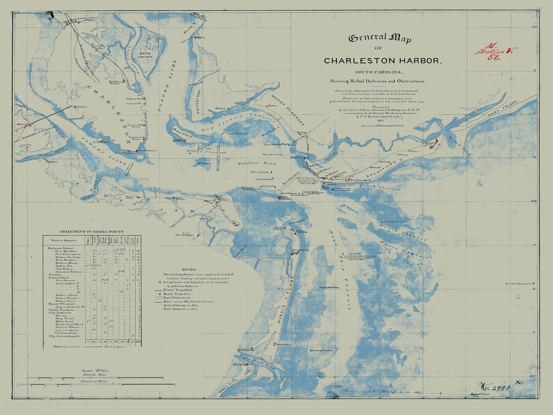 1865, Civil War Map, Charleston Harbor Map, Charleston SC Map, Old ...