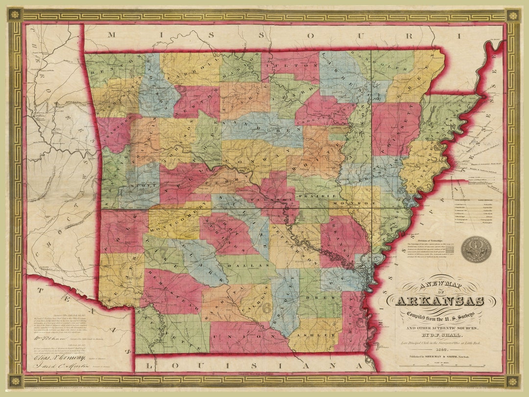 1852, Arkansas Map, Arkansas, Old Arkansas Map, Produced From an Old ...