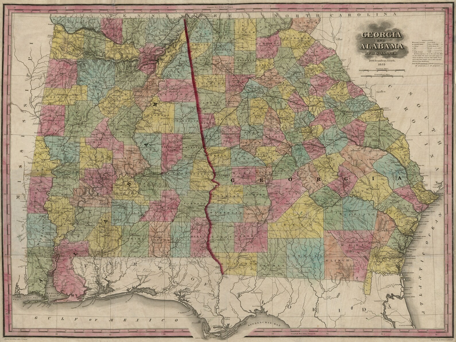 1853 Alabama Mapgeorgia Map Alabama Georgia Produced From - Etsy