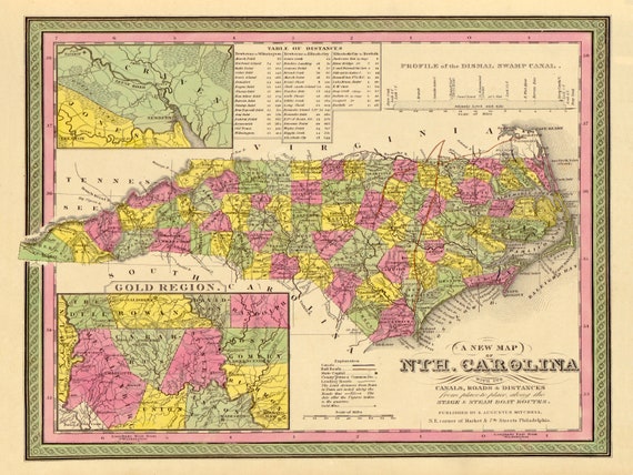 1849 North Carolina Map Old NC Map Gold Region Produced | Etsy