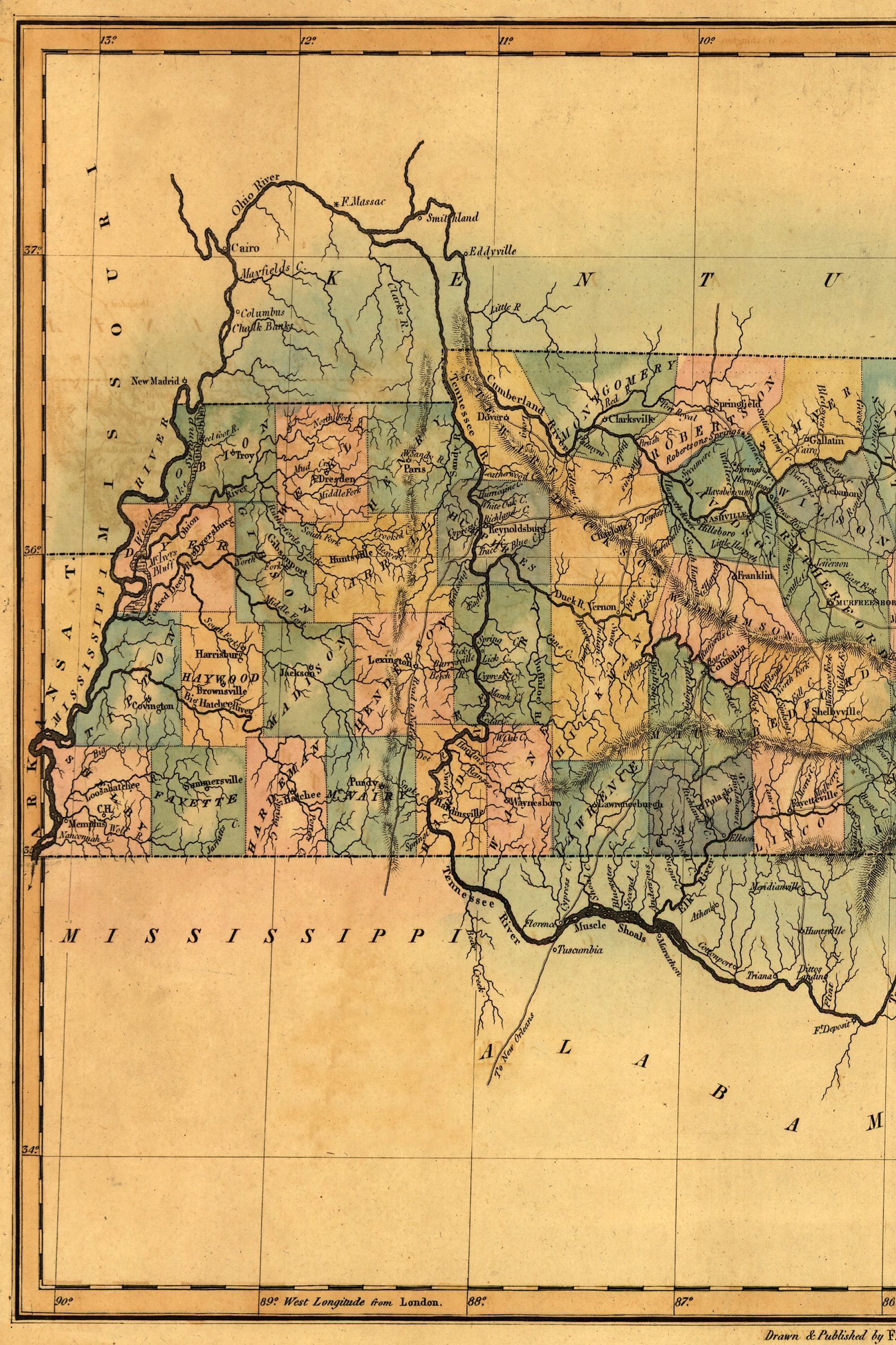 1826 Tennessee Tennessee Map Old Tennessee Map Produced - Etsy